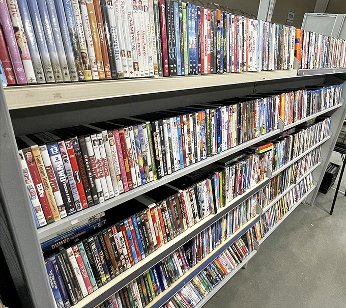 The DVD wall&mdash;a physical Netflix from days of yore&mdash;offers cinematic treasures for movie nights that don't depend on your internet connection.