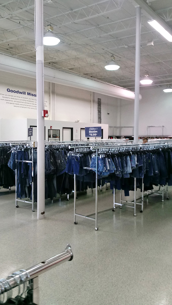 Not all sections are chaotic &ndash; the organized denim area offers a reprieve from bin-diving with neatly arranged options.