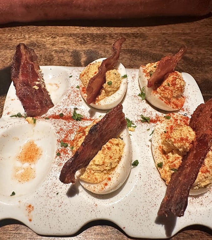 These deviled eggs with brown sugar bacon are what would happen if breakfast and appetizers had a delicious love child.