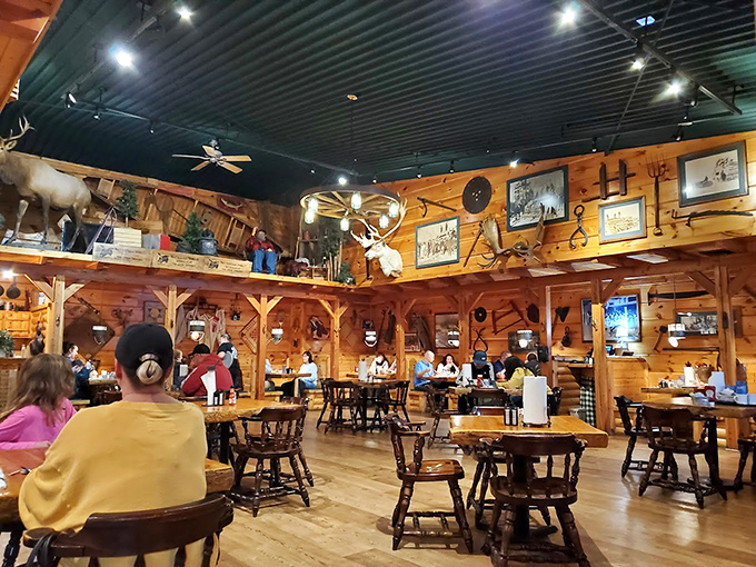 Lumber Jack's rustic interior channels pure Up North energy with wood paneling, mounted wildlife, and enough comfort food to fuel another round of bargain hunting.