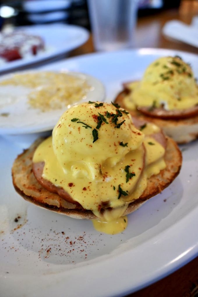 Eggs Benedict elevated to an art form &ndash; these golden-topped beauties rest on English muffins like royalty on velvet thrones.