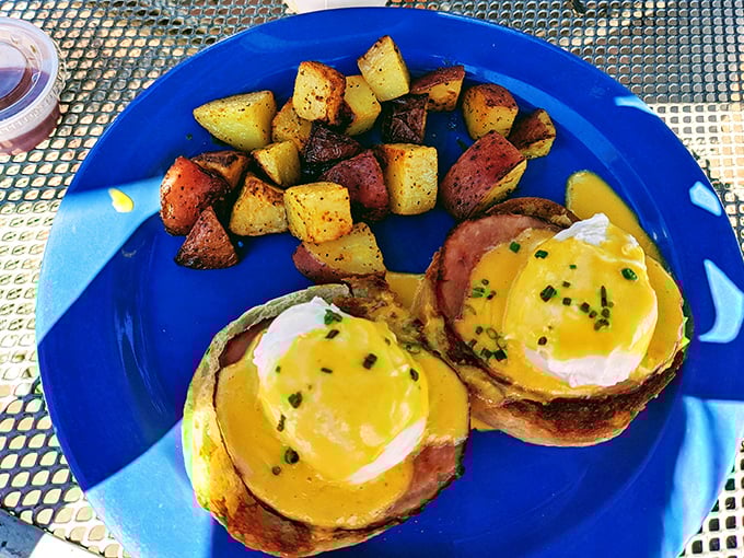 Eggs Benedict that would make a brunch enthusiast weep with joy &ndash; perfectly poached eggs in a sunshine yellow embrace atop savory ham.