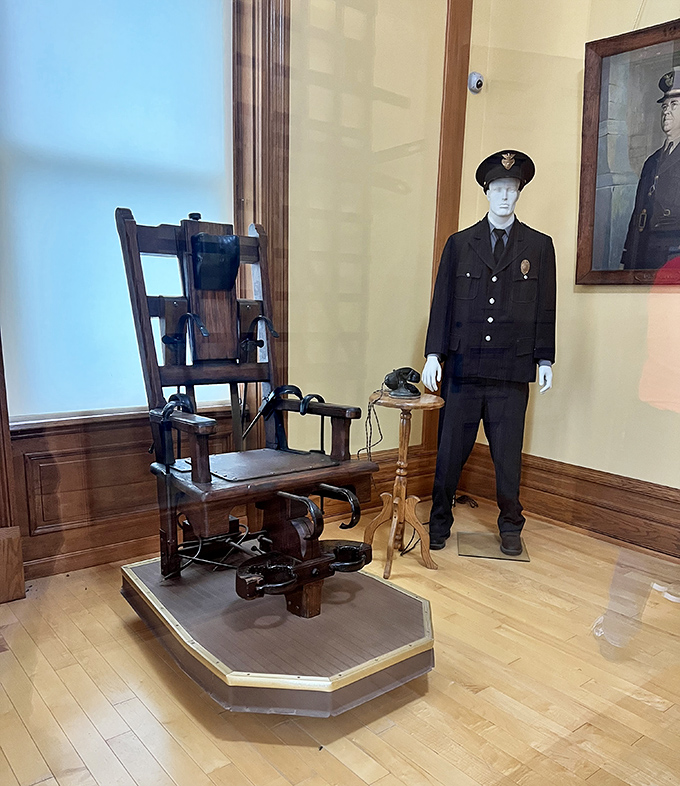 The electric chair display offers a grim reminder of capital punishment's reality. Not exactly the kind of seat you'd request for better viewing at the movies.