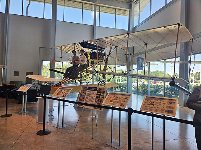 Step back in time with this early aviation exhibit, where wooden frames and fabric wings remind us that the first pilots had courage that vastly outweighed their safety equipment.