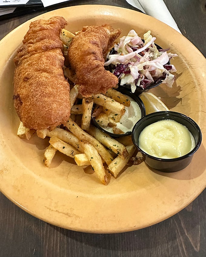 Golden-battered fish and chips that would make even a British pub jealous, with fries that demand to be savored one by one.