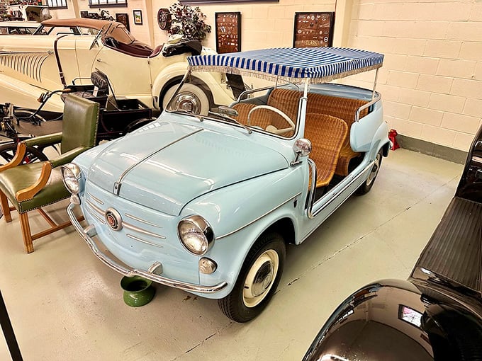 This adorable powder-blue Fiat Jolly looks like it belongs on the Italian Riviera, complete with wicker seats perfect for a coastal cruise with gelato in hand.