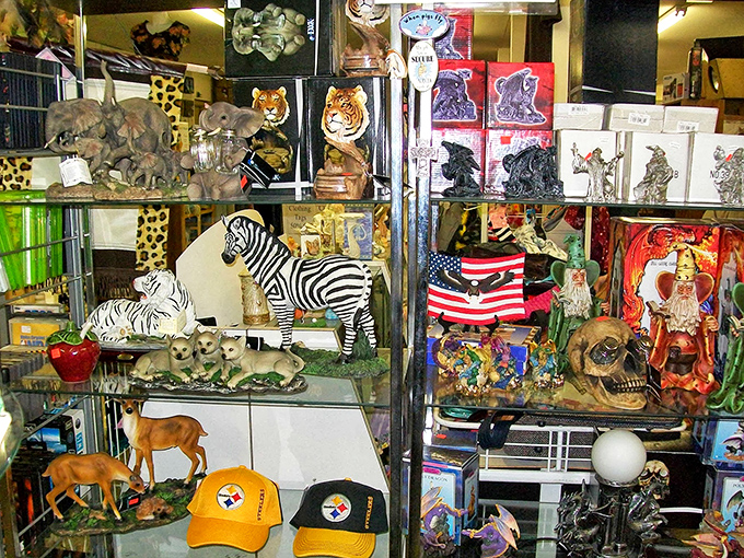 A menagerie of figurines stands at attention, from majestic tigers to patriotic eagles, creating a quirky museum of Americana that defies categorization.