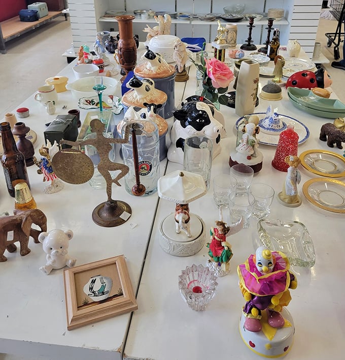 This collection of figurines and knickknacks tells a thousand stories. Every cow creamer and clown figurine is someone's future heirloom.