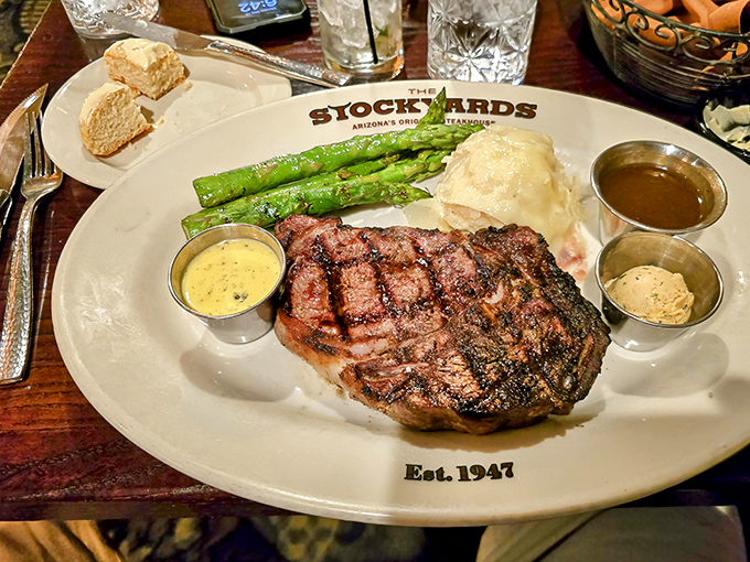 This filet mignon isn't just a steak—it's a masterclass in the art of beef, complete with supporting actors: asparagus and potatoes.