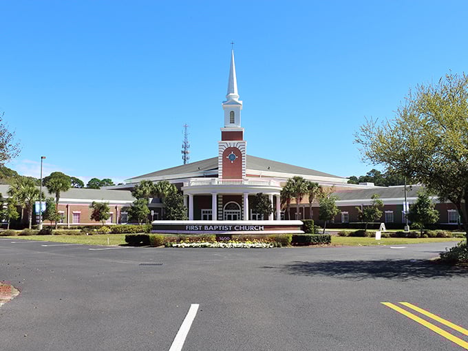 Even the houses of worship in Fernandina Beach exude Southern charm with the First Baptist Church's steeple reaching skyward against Florida's famous blue skies.