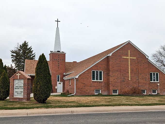 This brick church doesn't need neon to announce its presence&mdash;its steeple and cross have been Torrington's spiritual landmark for generations.