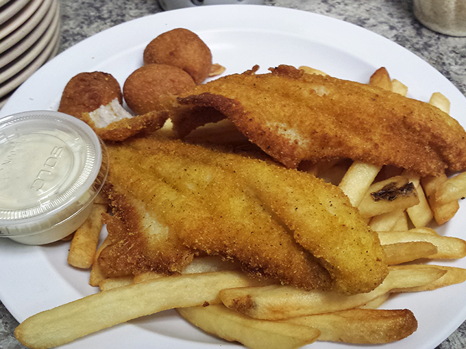 Golden-fried fish that would make coastal chefs nod in approval, paired with fries that achieve that perfect crisp-outside, fluffy-inside balance.