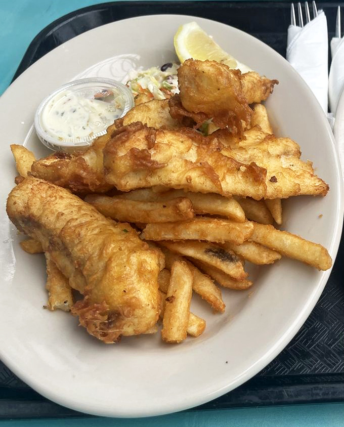 Fish and chips that would make a British pub jealous. That golden batter shatters with each bite, revealing perfectly flaky fish beneath.