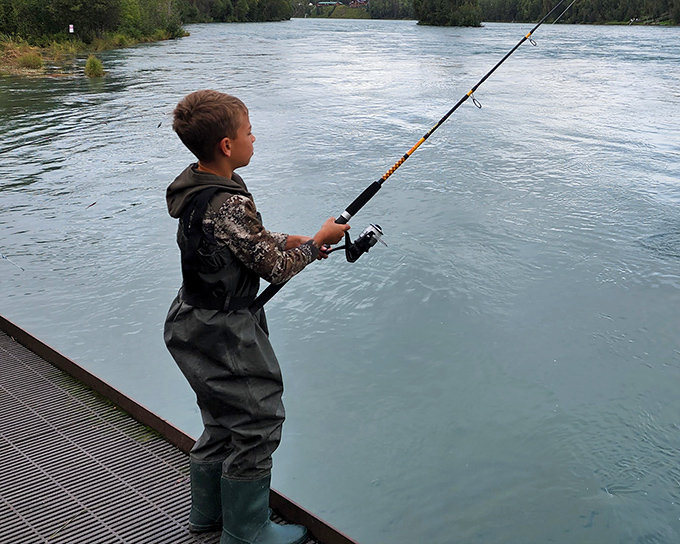 Future fishing champion in the making. When your waders are taller than you are, you know you're serious about salmon.