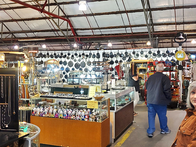 Jewelry displays glittering under the lights create a treasure trove that would make pirates reconsider their career choices.