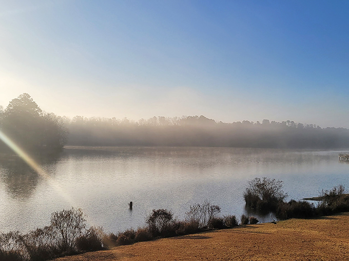 Morning fog performs its disappearing act across the lake, nature's magic show that starts promptly at dawn.