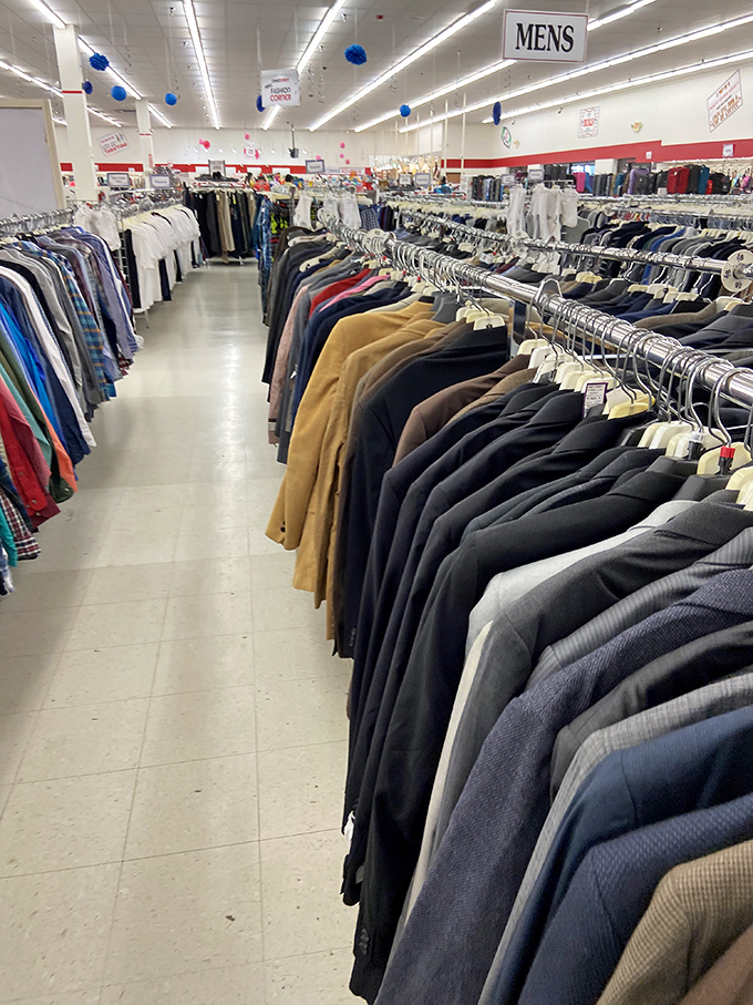 The men's section boasts enough blazers and dress shirts to outfit every corporate meeting in Columbus. Power-thrifting at its finest!