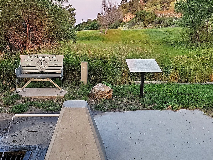 A peaceful memorial bench overlooking natural beauty. These quiet moments of reflection are what small-town visits are all about.
