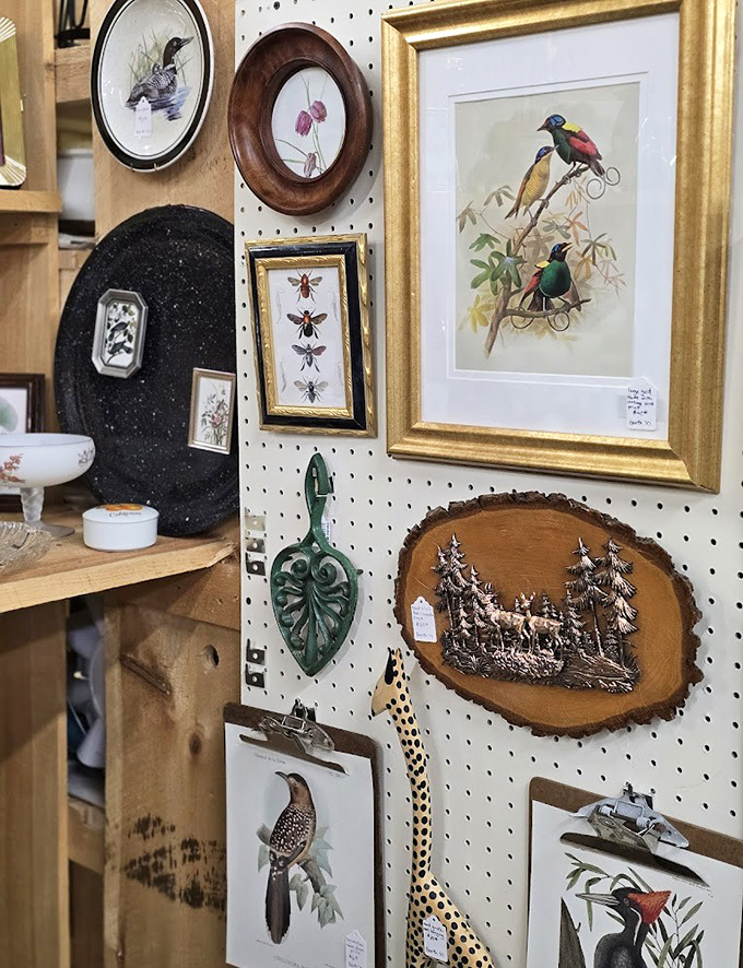 Nature-inspired artwork and rustic wood slices create a gallery wall that would make any Wisconsin cabin feel instantly homier.