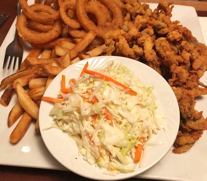 Fried seafood that would make a New Englander weep with joy, served with enough sides to feed a small fishing village.