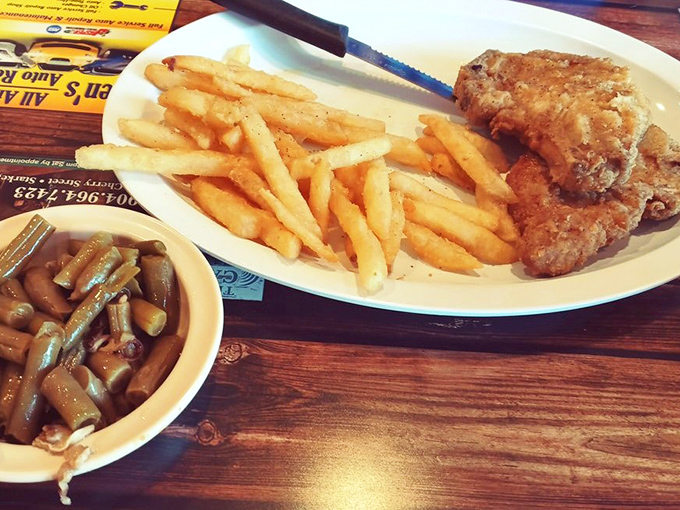 Green beans, fries, and golden-fried pork &ndash; proof that lunch at Grannie's is just as worthy of your stretchy pants as breakfast.