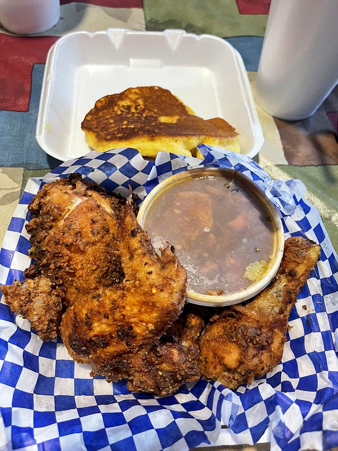 Golden-brown fried chicken with cornbread and gravy&mdash;a holy trinity of comfort that makes you want to close your eyes and say "Amen" after each bite. 