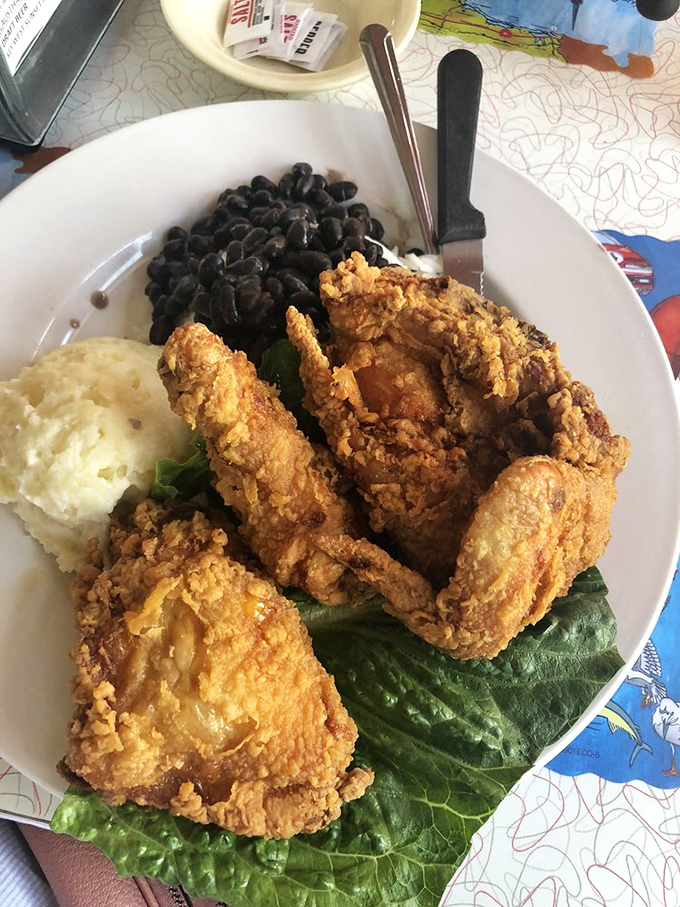 Golden fried chicken that's crispier than a Florida morning, served with sides that complete the picture of comfort perfection.