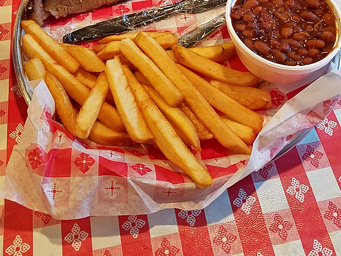 Ah, the trusty sidekick! These golden, thick-cut fries, sitting in their checkered paper basket, are calling to my inner potato fiend. Perfection next to that BBQ.