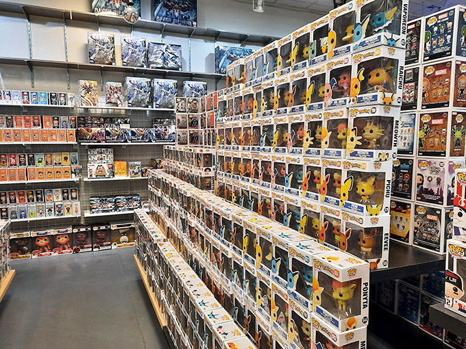 The Funko Pop! universe expands with every visit. This wall of collectible characters is where adults can justify toy shopping as "curating a collection."