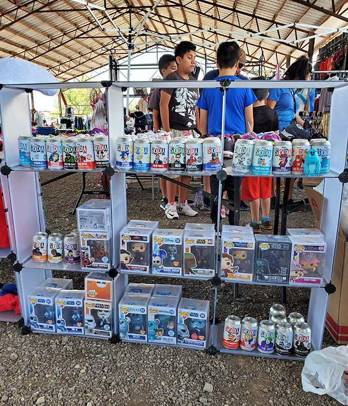 Pop culture paradise! Collectible figurines and sodas create a colorful shrine to fandom where nostalgia and investment opportunities shake hands.