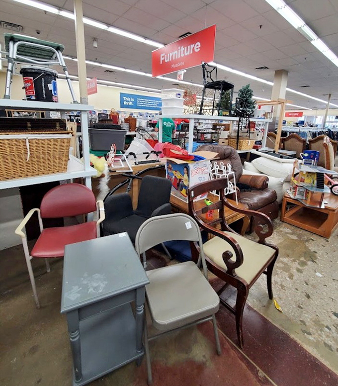The furniture section resembles a living room family reunion where no two chairs match but everyone gets along anyway.