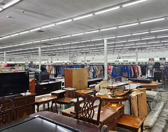 Wooden treasures await new homes in the furniture section, where yesterday's dining sets stand ready for their second act in your breakfast nook.