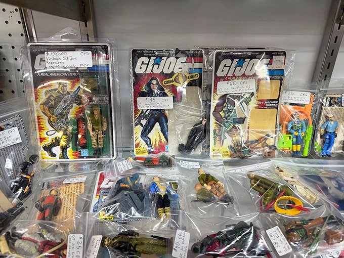 G.I. Joe figures stand frozen in plastic, waiting for collectors to rescue them from their transparent prisons and restore them to glory.