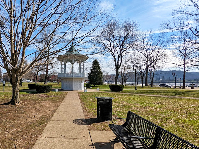 The riverfront park offers million-dollar views with a gazebo perfect for contemplating your surprisingly manageable retirement budget in peaceful surroundings.
