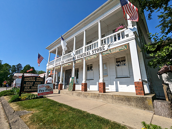 The General Store's double-decker porch setup offers twice the small-town charm, like someone decided one level of nostalgia simply wasn't enough for this historic establishment.