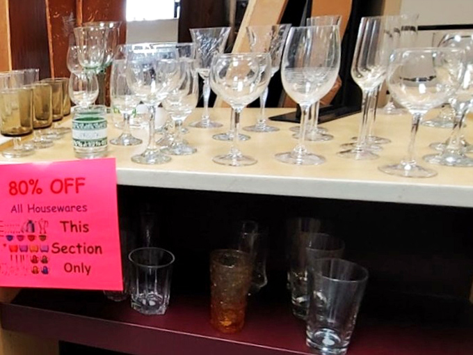 Crystal and glassware that would make your grandmother proud, with a sale sign that would make her even prouder—elegance meets economy.