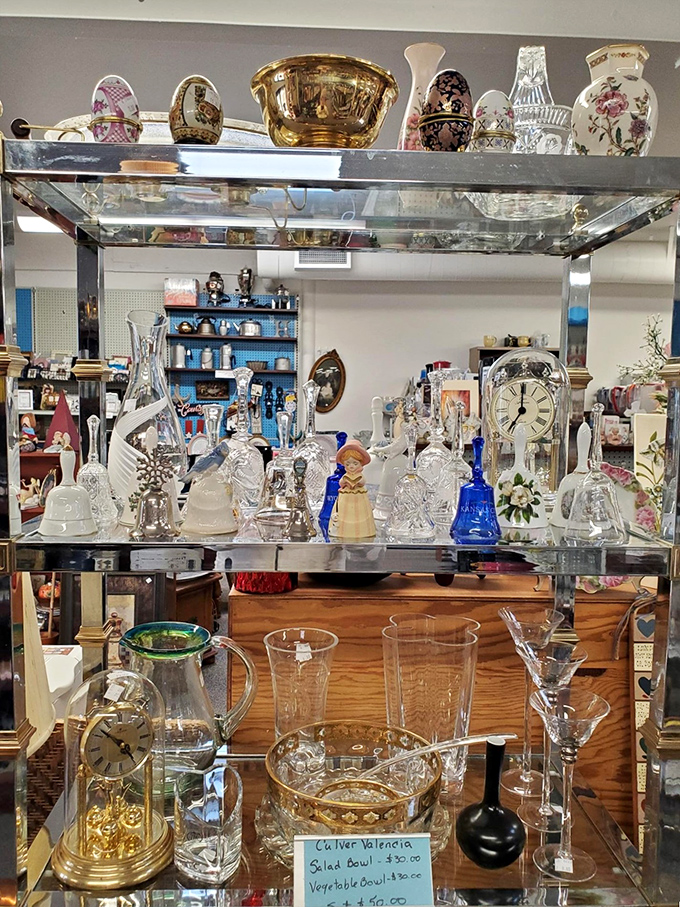 Crystal and glass treasures sparkle under fluorescent lights. Imagine these beauties catching sunlight in your dining room window.