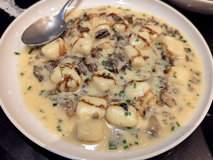 These gnocchi float in a mushroom cream sauce like little potato pillows having the spa day they deserve.