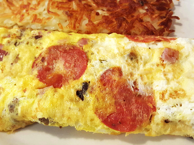 This isn't just an omelet&mdash;it's a masterpiece of morning engineering with pepperoni adding that "why didn't I think of that?" moment.