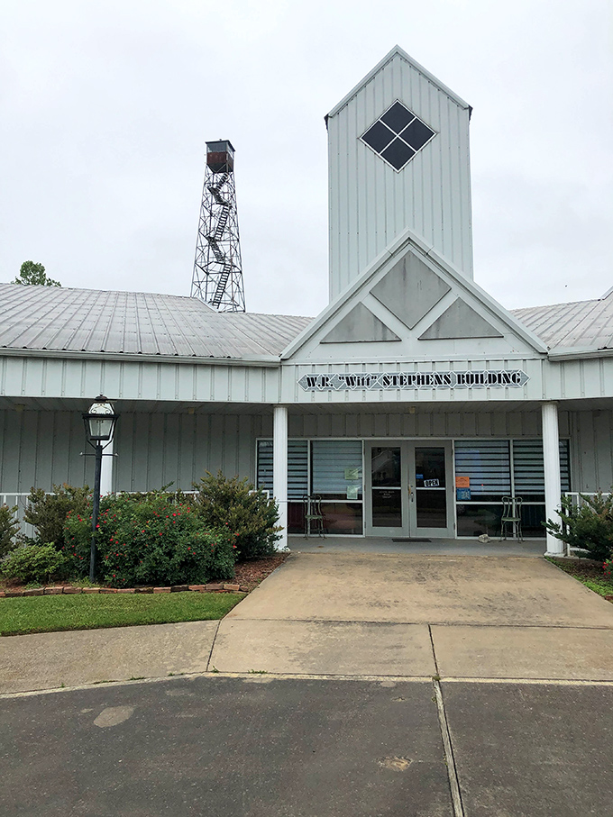 The W.F. "Bill" Stephens Building stands as a community cornerstone, complete with observation tower that seems to keep watch over the town.