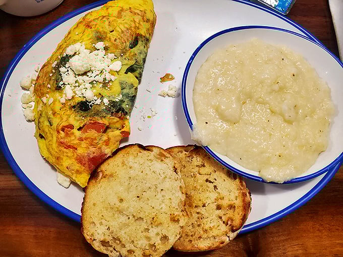 This Greek omelet doesn't need a passport to transport you. The feta crumbles like ancient ruins atop a golden landscape.