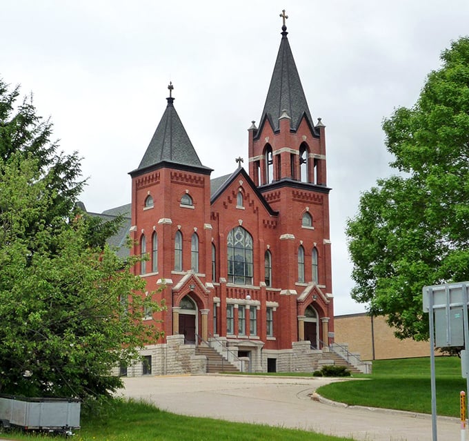 Greenfield Lutheran Church stands as a brick-and-mortar testament to the town's heritage, its twin spires reaching skyward like exclamation points on Harmony's landscape.