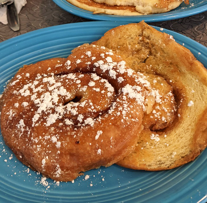 Grilled cinnamon rolls dusted with powdered sugar &ndash; because regular French toast wasn't indulgent enough for Pennsylvania mornings.