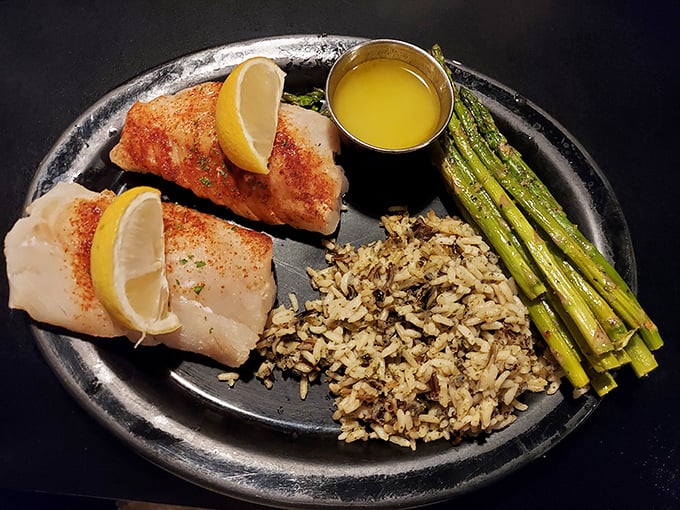 Who says you can't get great seafood in North Dakota? This grilled salmon with wild rice and asparagus would make coastal restaurants jealous.