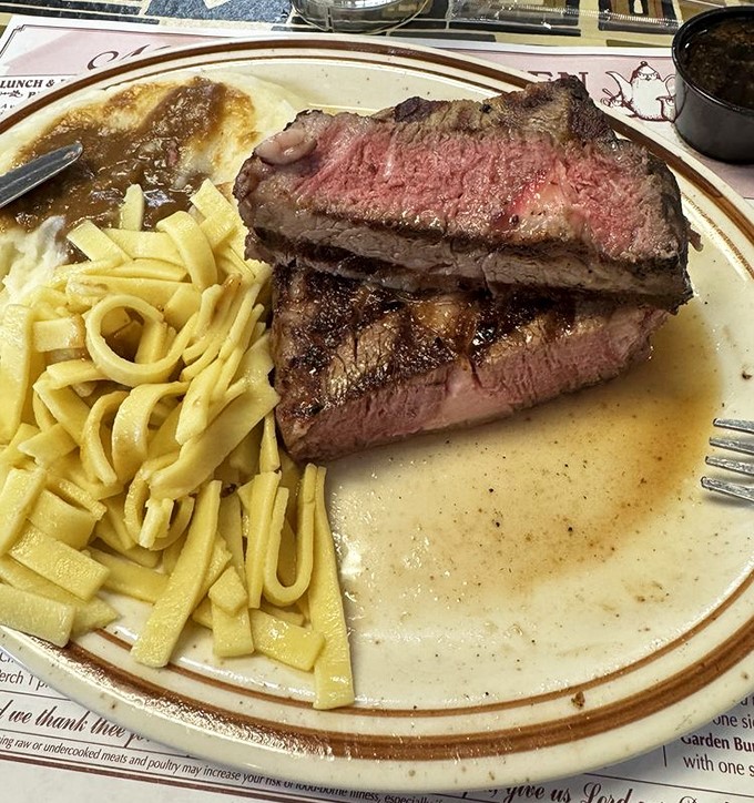 Prime rib that doesn't mess around&mdash;perfectly pink, properly portioned, and paired with noodles that would make your grandmother nod in approval.
