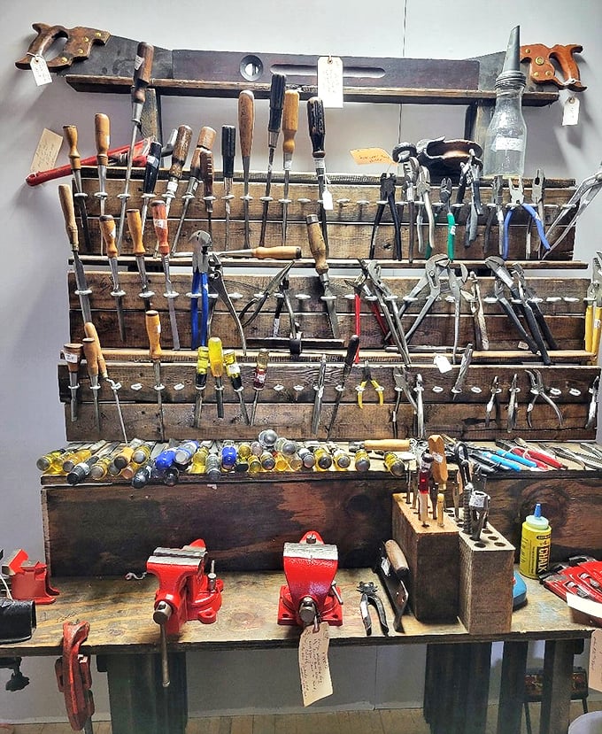 Tool paradise for the handy historian. This meticulously organized collection would make your grandfather weep with nostalgia and your workshop complete.