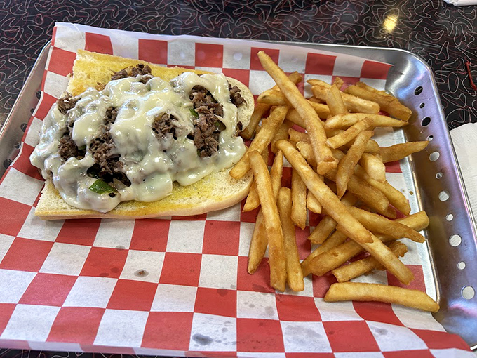 This open-faced sandwich isn't messing around. Tender beef smothered in gravy with fries standing at attention&mdash;comfort food with purpose.