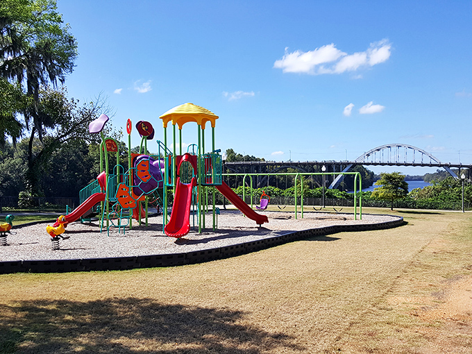 Even the playground equipment seems to salute the iconic Edmund Pettus Bridge&mdash;childhood joy with a side of historical significance.