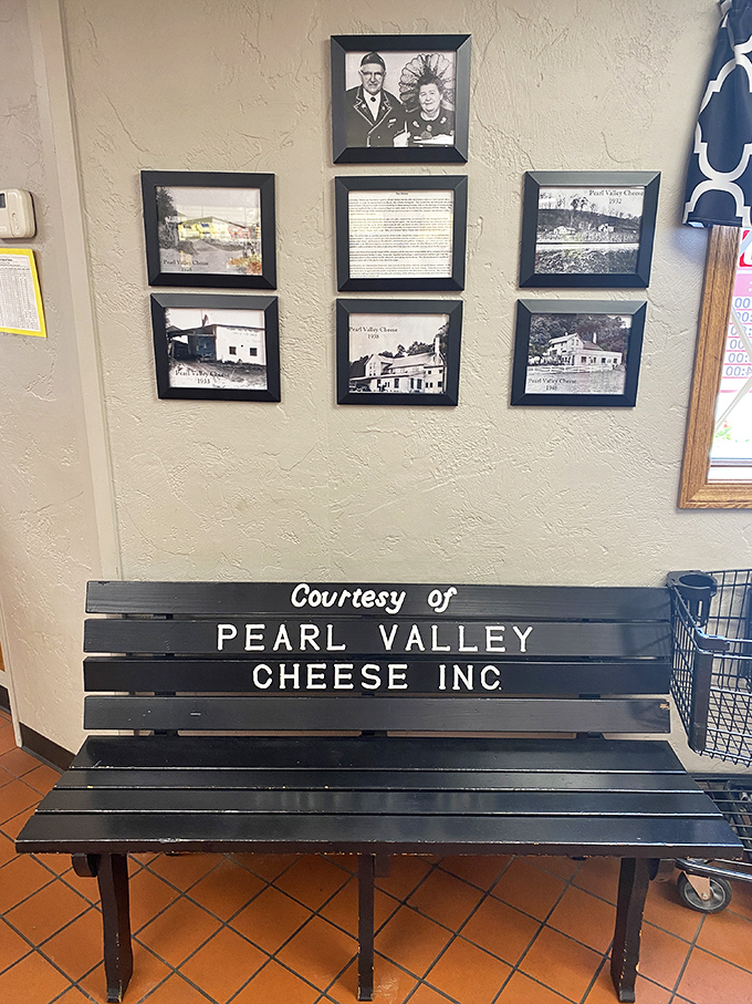 Wall of history, bench of contemplation. Sit here and ponder how many generations of cheese lovers have occupied this very spot before you.