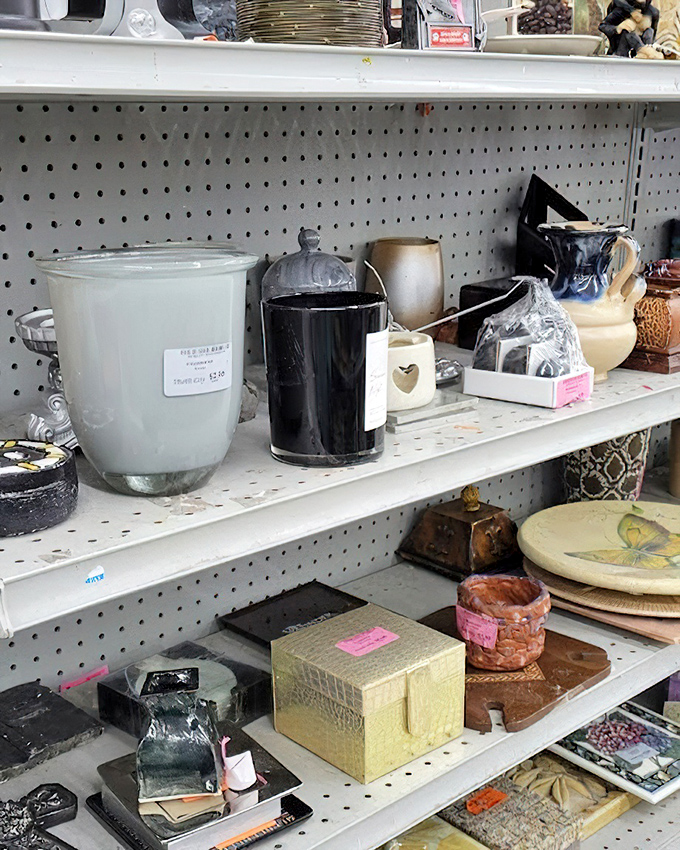 Ceramic treasures and decorative vessels line the shelves, each with stories from previous lives and potential for new ones.